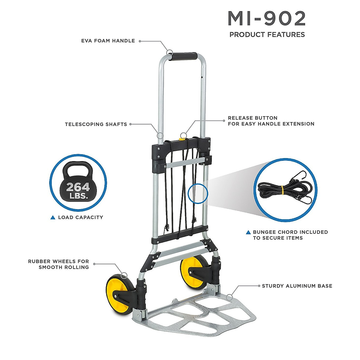 Mount-It! Folding Hand Truck and Dolly, 264 Lb Capacity Heavy-Duty Luggage Trolley Cart with Telescoping Handle and Rubber Wheels, Silver, Black, Yellow