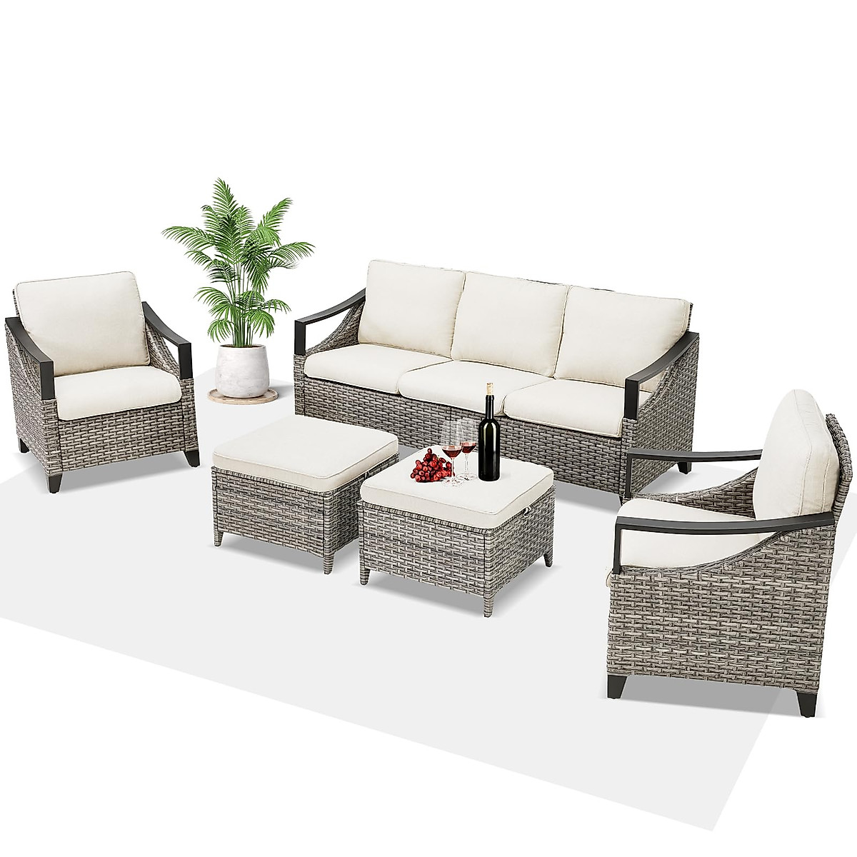 FEISHOMINOO Outdoor Patio Furniture, 5 Piece Patio Furniture All Weather 2-Seater Outdoor Sectional Sofa with Thick Cushions for Patio,Porch,Garden,Backyard (Beige, M-5 Chair Sofa)