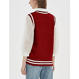 Gihuo Women's V Neck Sweater Vest Uniform Cable Knit Sleeveless Sweater (Wine, Small)