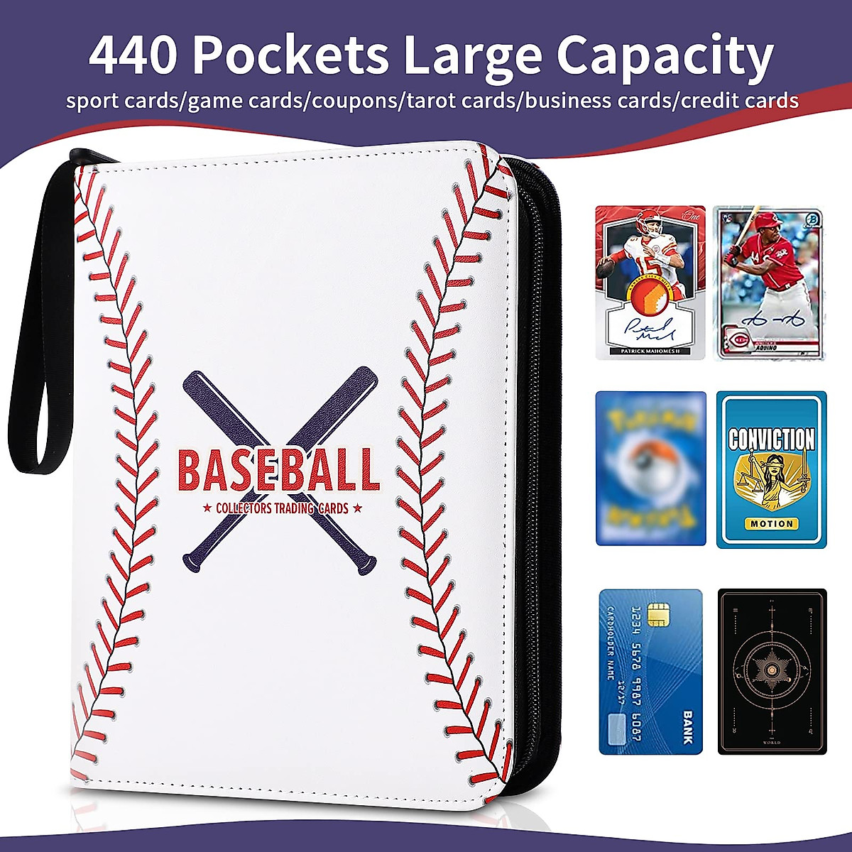 Baseball Card Binder with Sleeves 440 Pockets, Gifts for Baseball Card Collectors, Trading Card Holder Compatible with Topps Card, 55 Sleeves Card Album Card Storage Organizer