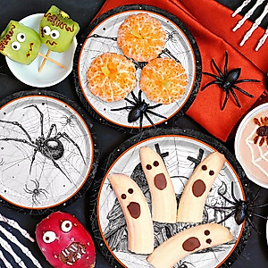 Gatherfun Spider Webs Halloween Party Supplies - Featuring Skull & Spider Themes, All-inclusive Wicked Web Paper Plates and Napkins. Ideal for Halloween Party Decorations, Serve 50 Guests.