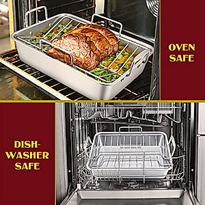 Stainless Steel Roasting Pan, E-far 14 x 10.6 Inch Heavy Duty Turkey Roaster with V Rack & Baking Rack Set, Small Metal Deep Broiling Pan for Oven Cooking Lasagna Meat Chicken - Dishwasher Safe