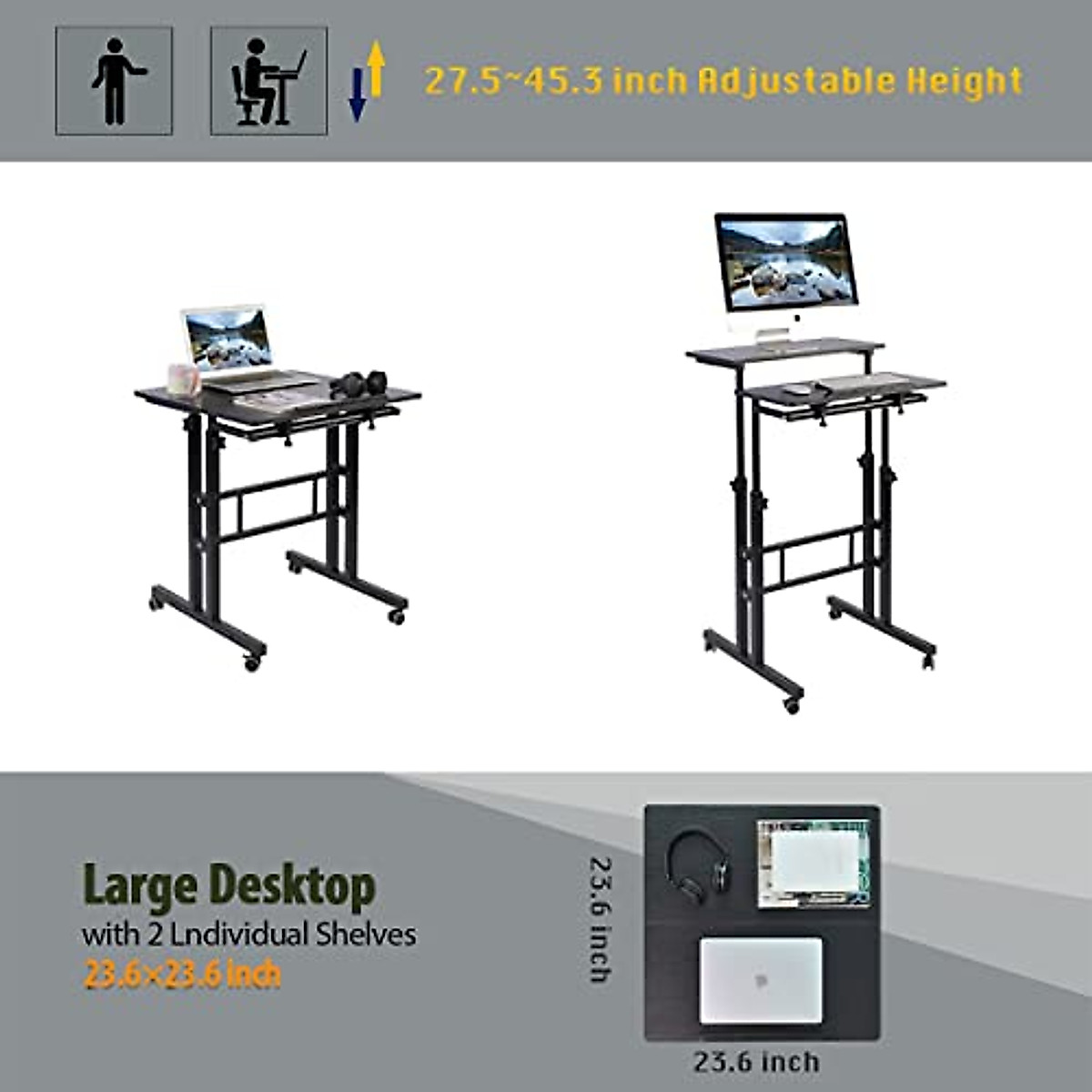 AIZ Adjustable Desk with Rolling Wheels, Portable Laptop Table for Standing or Sitting, Home Office Computer Workstation for Adults or Children,Black