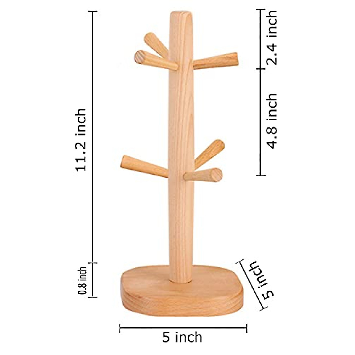 GOJAKO 12" Wooden Mug Holder Tree with 6 Hooks Wood Cup Rack Tea Coffee Bar Organizer Accessories Mug Hanger Stands for Kitchen Counter and Display Dinnerware Storage and Dry (Square Bottom)