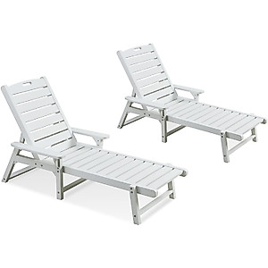 Psilvam Chaise Lounges Set of 2, Lounge Chairs with Adjustable Backrest, Supports Up to 350 lbs, All Weather Recliner Poly Lumber Lounges Bed for Poolside, Porch, Patio（White (2)