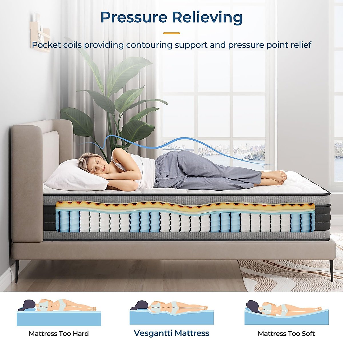 Vesgantti Cal King Mattress, 12 Inch Hybrid Cal King Size Mattress in a Box, Memory Foam and Individually Pocket Spring, Innerspring Mattress for Pressure Relief and Supportive, Medium Firm