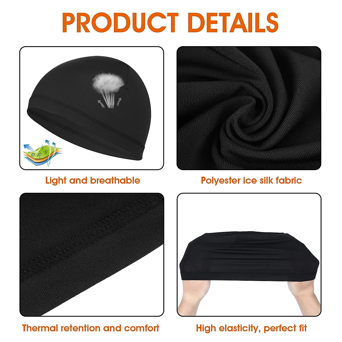 Lusofie 4 Pieces Men Skull Caps Soft Helmet Liner Cycling Running Hats Stretchy Helmet Liner Multifunctional Headwear for Men Women Black