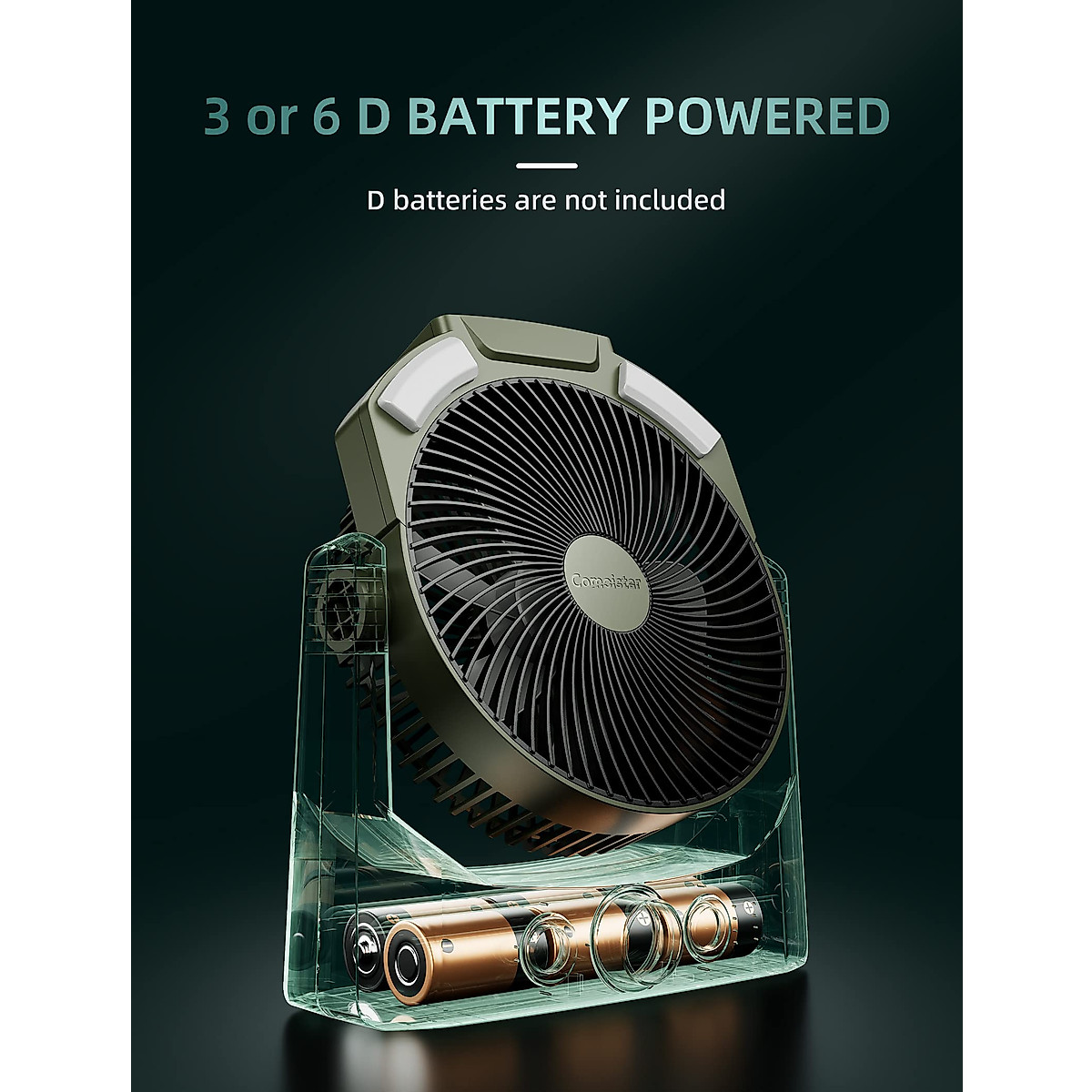 D-cell Battery Operated Camping Fan,8.5 Inch, Quiet USB Desk Fan with 4 Levels LED Lantern, SOS Light, Portable Outdoor Table Fans with Timer, 180°Rotation,Stepless Control, Handle, for Hurricane