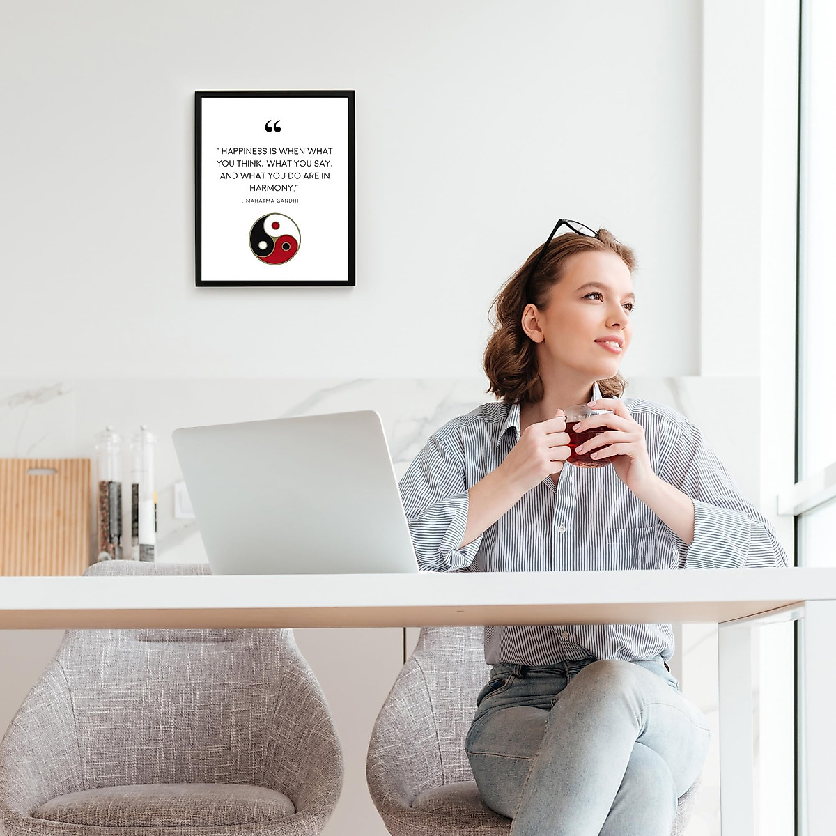 Happiness When You Think Say & Do In Harmon - Mahatma Gandhi Spiritual Inspirational Wall Art, Positive Affirmations Wall Decor Print For Home Decor, Living Room Decor & Yoga Decor, Unframed - 8x10