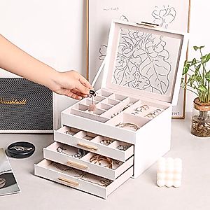 Frebeauty Clear Lid Jewelry Box,4 Layers Jewelry Organizer Large Multi-Functional Jewelry Storage Box with 3 Drawers,Jewelry Display Case of Rings Earrings Necklace Bracelets for Women Girls (White)