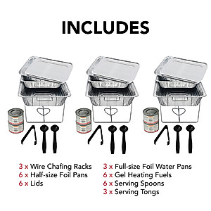 Party Essentials Party Serving Kit Chafing Dish Buffet Tray Food Warmer Set (Rack/pan/Fuel/Utensil), 33-Piece Standard Chrome, Multi Color