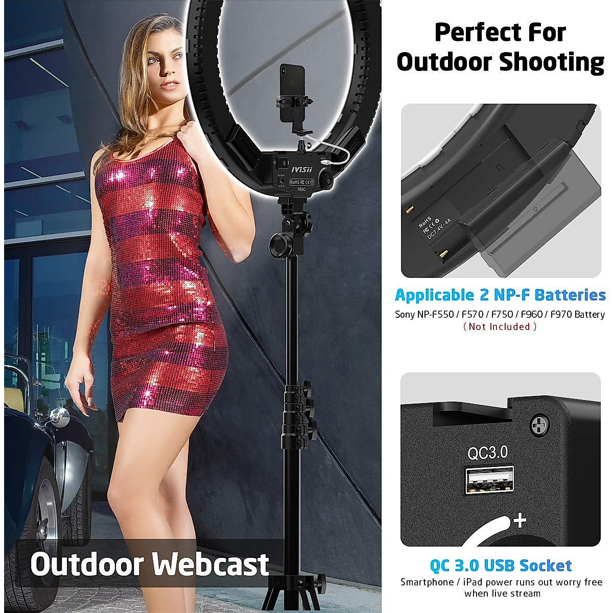 IVISII 19 inch Ring Light with Stand and Phone Holder,60W Bi-Color or for Live Stream/Makeup/YouTube Video/TikTok/Zoom/Photography Black