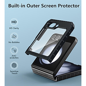 FNTCASE for Samsung Galaxy Z-Flip5 Case: Military Grade Protection Shockproof Cell Phone Cover with Built-in Screen Protector & Kickstand | Protective Rugged Armor Case for Z Flip 5 (2023) - Black