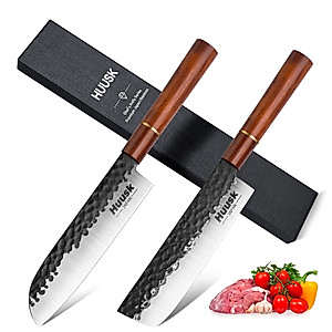 Huusk Japan Chef Knife Set, Santoku Japanese Kitchen Knife 7 inch and Nakiri Knife Vegetable & Fruit Knife 7inch, Hand Forged Cooking Knives