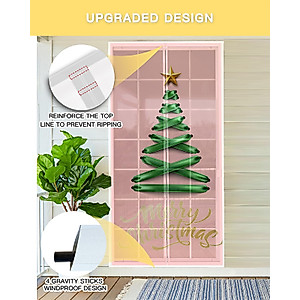 OComster Pink Christmas Tree Magnetic Screen Door, Green Xmas Tree Merry Christmas Hands Free Screen Mesh Size 38" x 83", Reinforce Heavy Duty Mesh Screen Doors for Patio/Front/Sliding Door