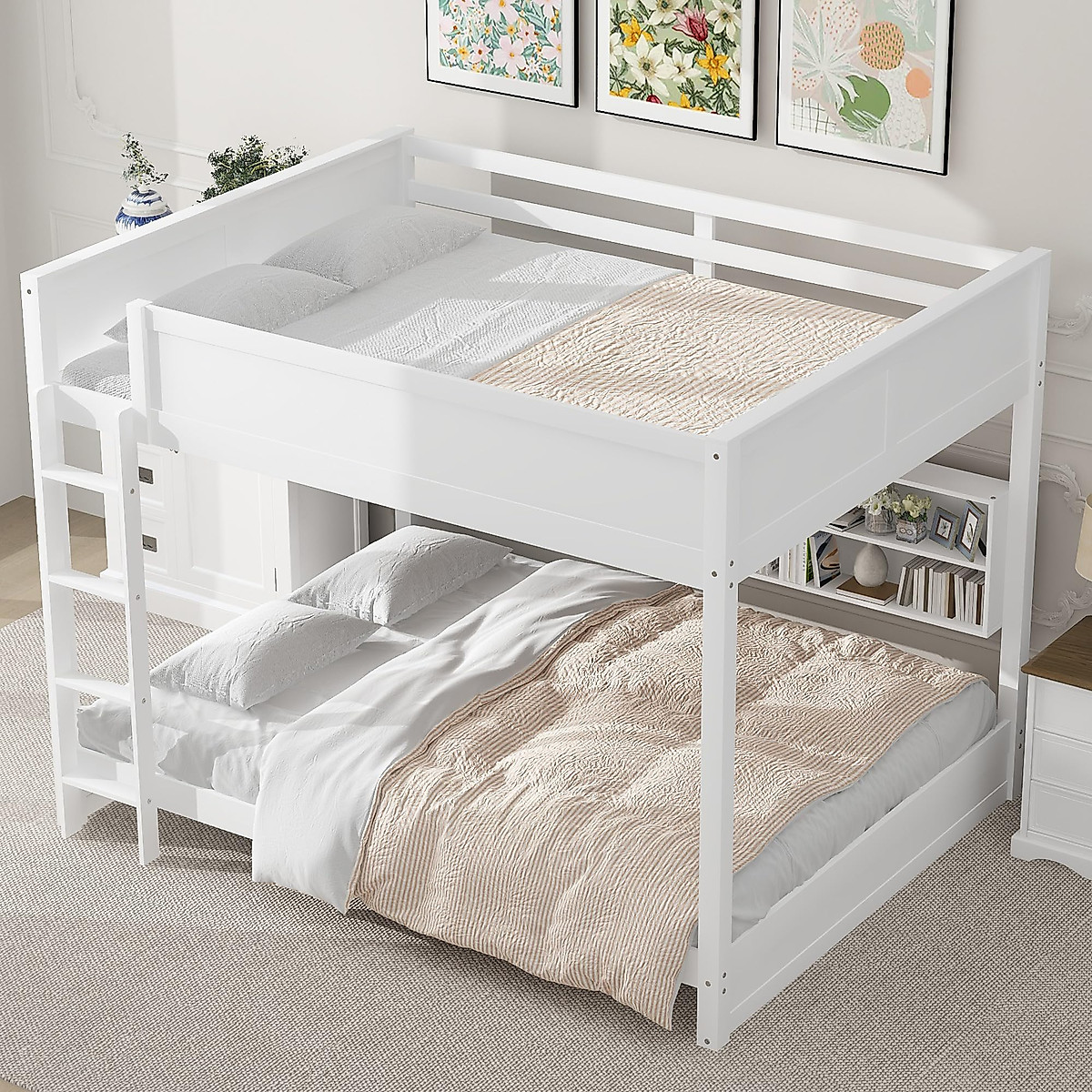 XD Designs Wood Bunk Bed Queen Over Queen Size with Built-in Storage Cabinets and USB Ports, Versatile Bunk Bed Frame with Ladder and Guardrail for Kids Teens Adult, Maximize Space (White-9.30)