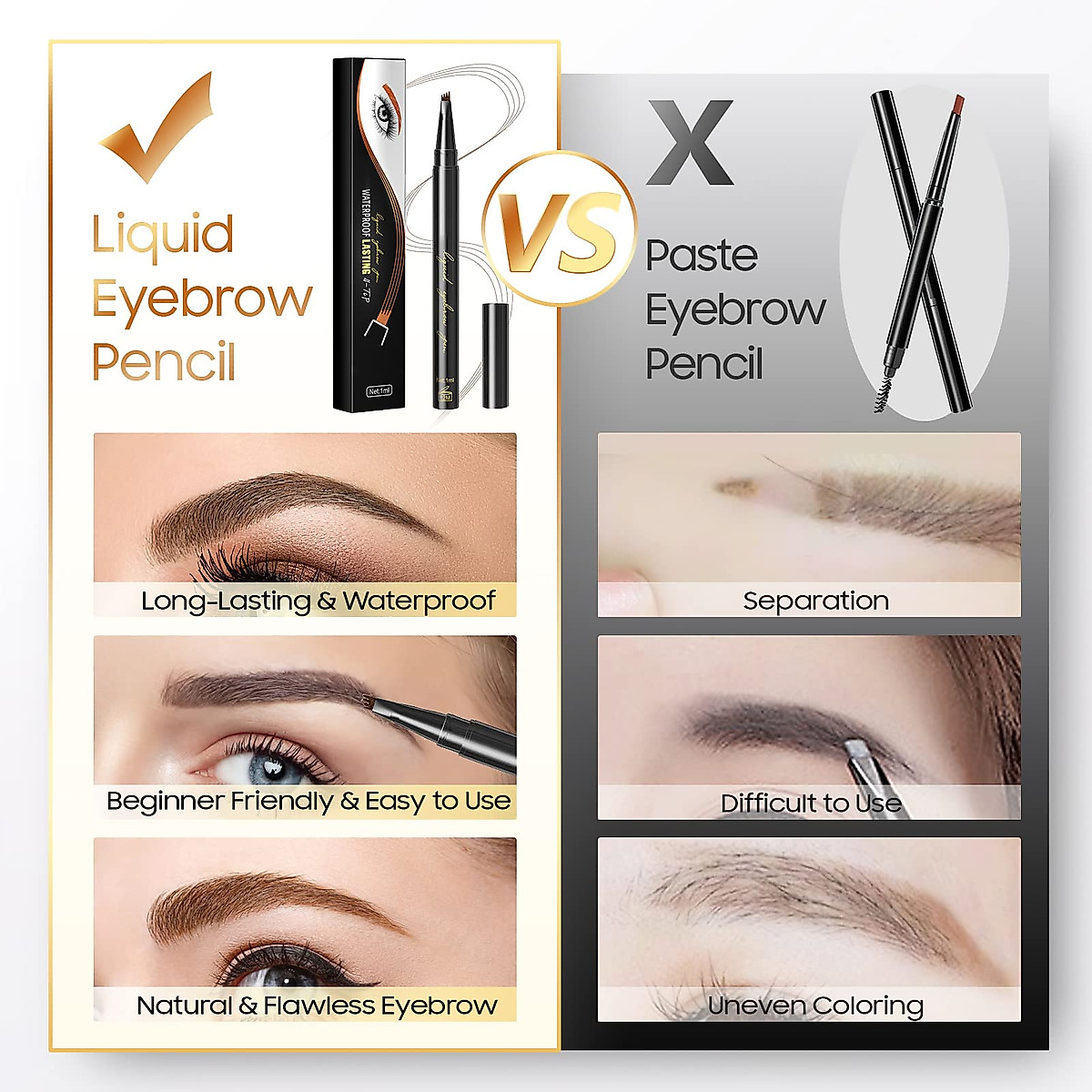 Eyebrow Pencil, Long-Lasting Waterproof Eyebrow Microblading Pen with Micro 4 Point Brow Pen Lift and Snatch, Suitable for Eye Makeup (Dark Brown)