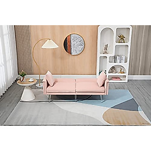 FULife 65" Mid Century Modern Velvet Upholstered Futon Sofa Split Back Loveseat Convertible Sleeper Couch Bed Daybed,Folding Recliner with Armrest&2 Pillows for Living Room/Compact Space, Pink