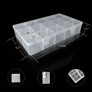 Rinrda 2 Pack Large 15 Girds Clear Plastic Organizer Box - Container with Adjustable Dividers for Bead,Jewelry,Craft,Fishin,Small Parts