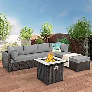 WAROOM Outdoor Patio Furniture Set 7 Pieces Sectional Sofa Brown Rattan Conversation Couch with PE Wicker Propane Fire Pit Table, Non-Slip 5" Thick Grey Cushion and Furniture Cover