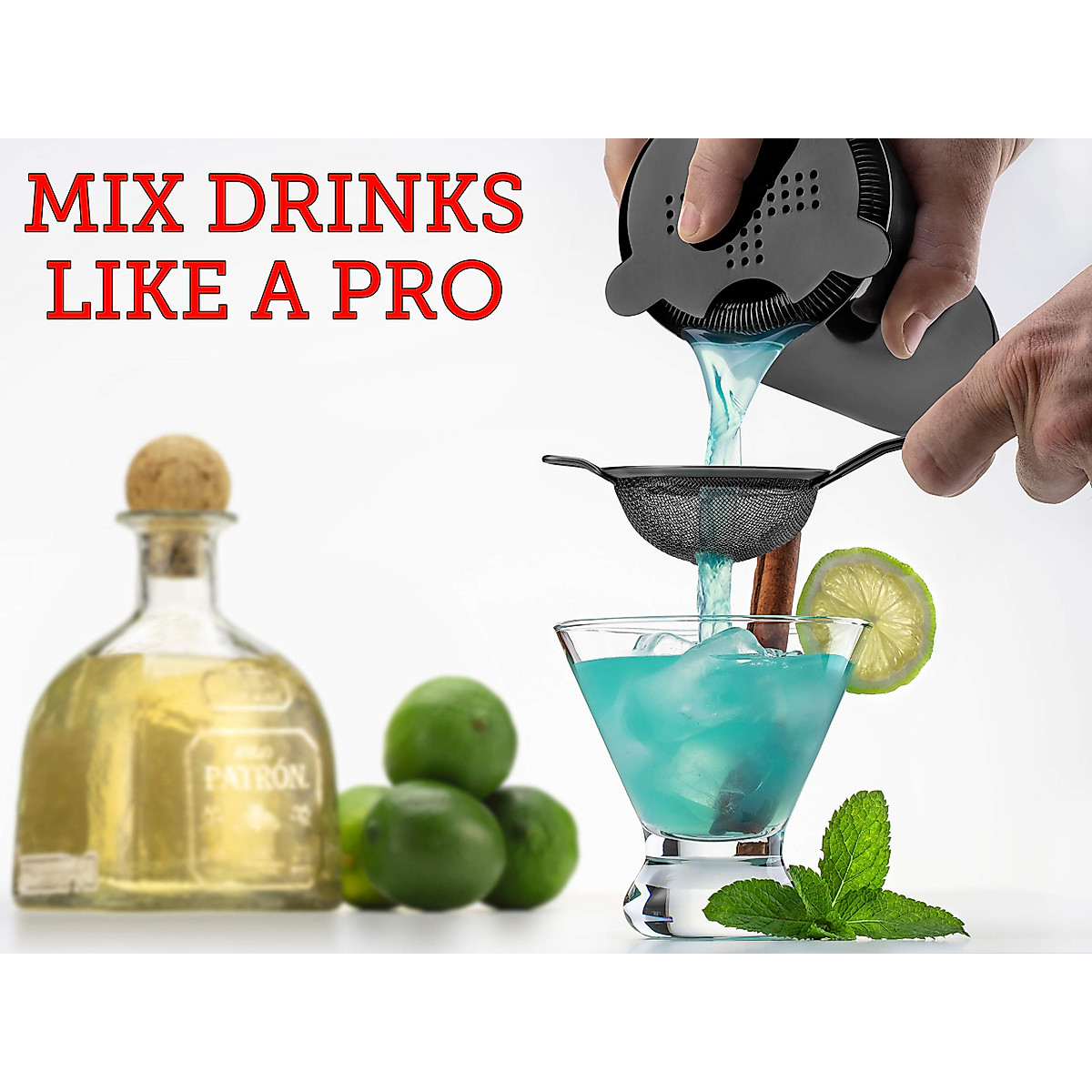 Mixology & Craft Cocktail Shaker Set - 11-Piece Bar Accessories Kit w/Weighted Boston Shaker, Strainer, Jigger, Muddler and More - Home Bartending Tools, Accessories for Bartender, Black