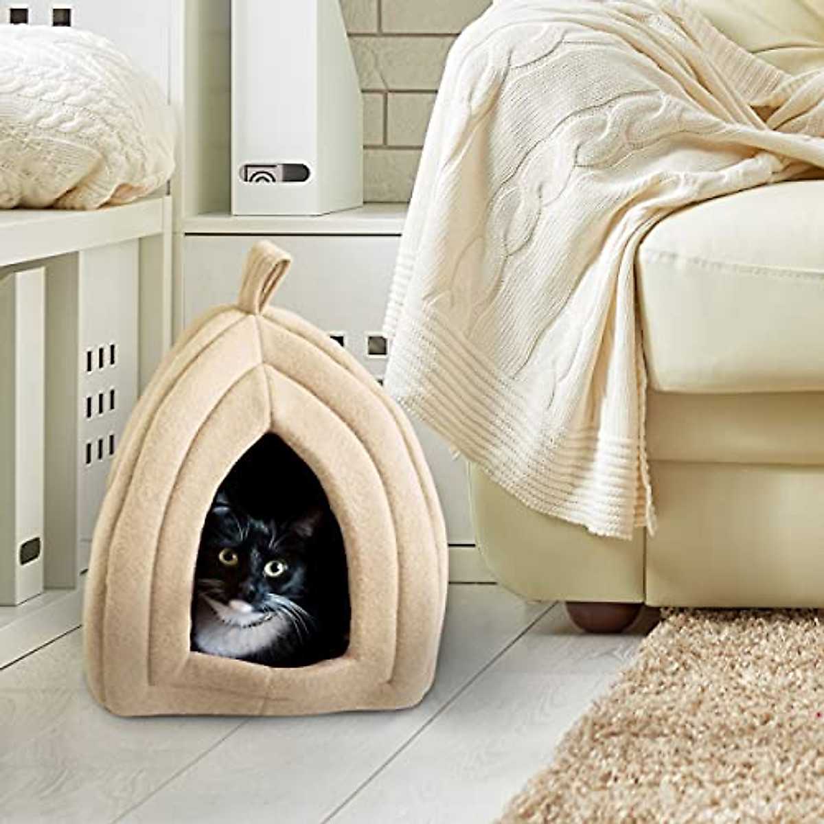 Cat House - Indoor Bed with Removable Foam Cushion - Pet Tent for Puppies, Rabbits, Guinea Pigs, Hedgehogs, and Other Small Animals by PETMAKER (Tan),(L) 13.5” x (W) 13.5” x (H) 15”