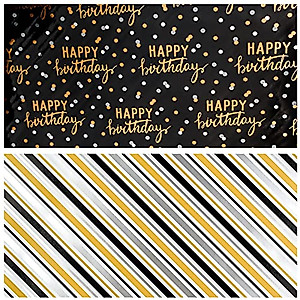 LeZakaa Reversible Birthday Wrapping Paper Roll - Happy Birthday Lettering & Stripe Design with Metallic Foil in Black- 17 inches x 32.8 Feet (46.45 sq.ft.)