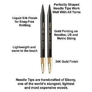 Lantern Moon Heirloom 5-Inch 10-Pair Interchangeable Circular Knitting Needle Set Handcrafted Ebony US 2.5, 3, 4, 5, 6, 7, 8, 9, 10, 11, Silk Case, 3 Cords, 4 End Caps with Project Bag