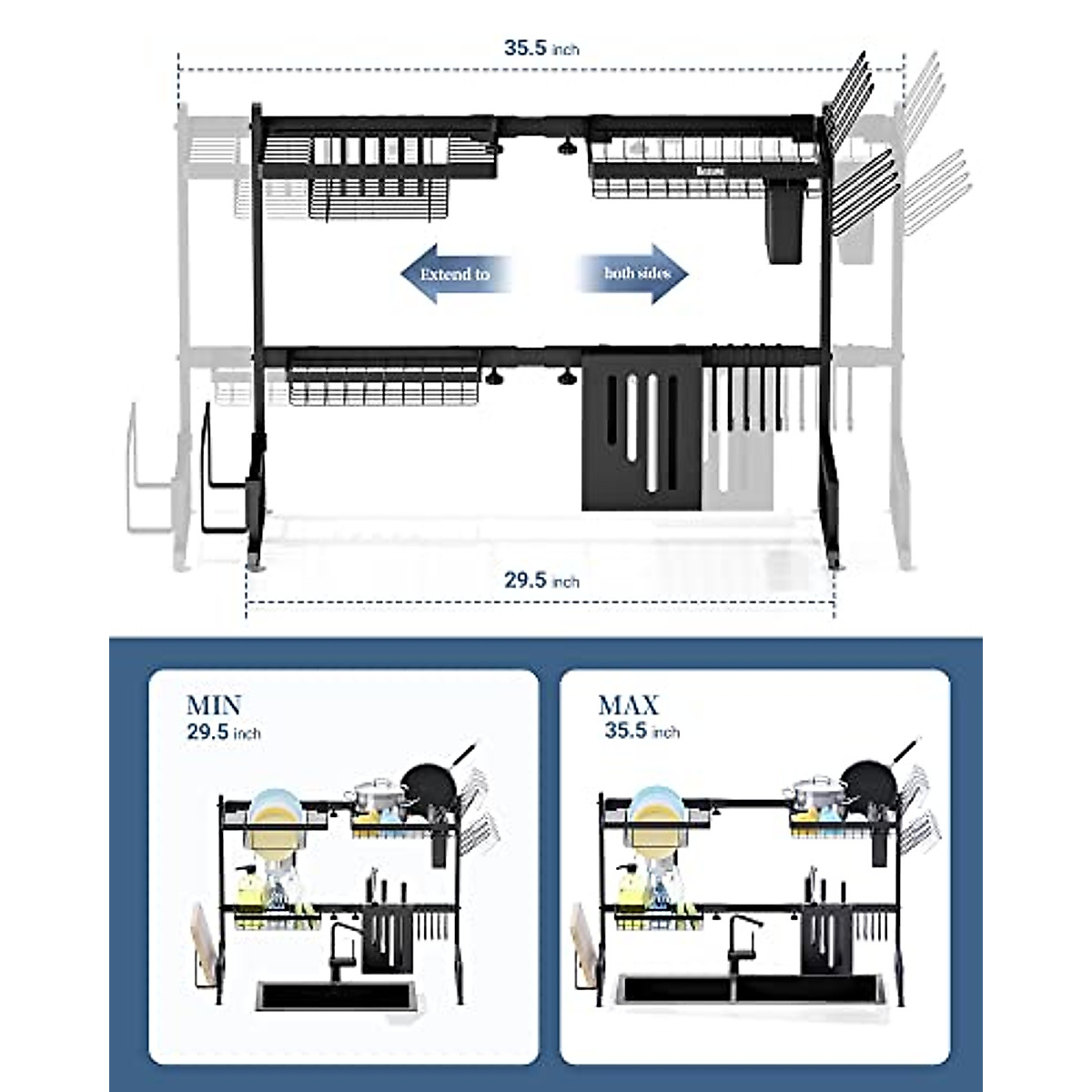 Kitsure Dish Drying Rack - Adjustable & Space-Saving Dish Rack（29.5-35.5in）, Over-The-Sink Dish Drying Rack, Multifunctional Kitchen Dish Drying Rack, Stainless Steel Dish Drying Rack, White