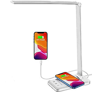 LED Desk Lamp, Wireless Charger, Dimmable, USB Charging Port,5 Modes, Reading Light for Home, Office , Touch Control, Auto-Off Timer Lamps (Silver 2.0)