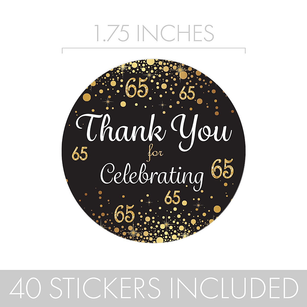 Black and Gold 65th Birthday Thank You Stickers - 1.75 in - 40 Labels