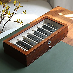Bonaking Knife Display Case Two-Tier Pocket Knife Case Box Storage for 15-17 Pocket Knives Pocket Knife Collection Case Organizer for Men Gift with Walnut Finish and Glass Window