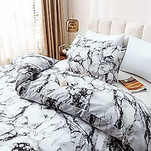 Smoofy Queen Marble White Comforter Set, White Marble Pattern Printed Soft Fabric with Brushed Microfiber Full Bed Sheets Fill Bedding Sets(1 Comforter, 2 Pillowcases)