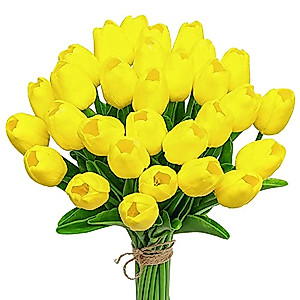 Hawesome 30pcs Artificial Latex Tulips Flowers Faux Tulip Stems PU Real Touch Tulips for Wedding Party Home Decoration (Yellow)