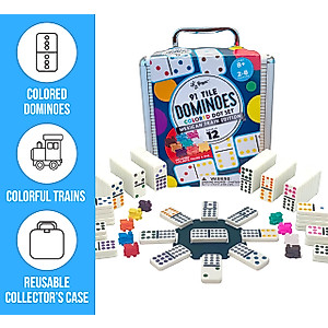 Regal Games - Double 12 Mexican Train Dominoes - Colored Dots Set - Fun Family-Friendly Dominoes Game - Includes 91 Tiles, Collector's Case & Plastic Hub w 9 Plastic Trains - Ideal for 2-8 Players