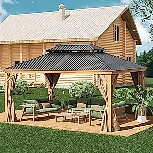 BPS 12' X 16' Hardtop Gazebo Outdoor Aluminum Wooden Grain Coated with Netting Curtain for Patio, Garden, Yard and Party