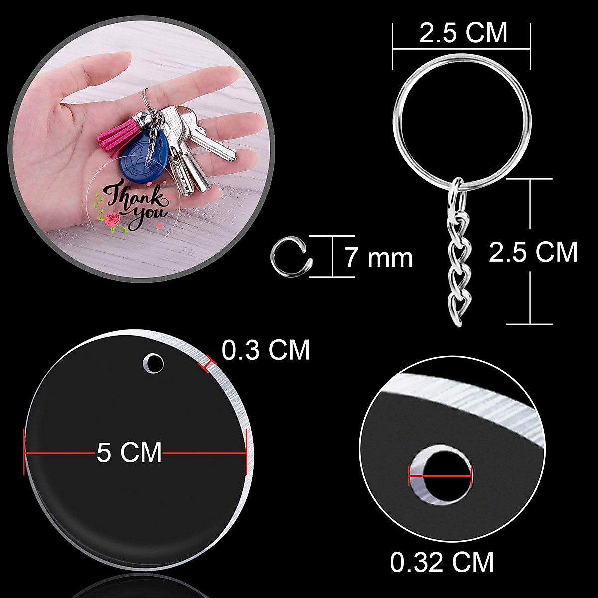 Duufin 108 Pieces Acrylic Keychain Blanks with Key Chain Rings 2 Inch Acrylic Round Ornament Blanks with Hole Clear Acrylic Circle Disc Blank for DIY Projects and Crafts