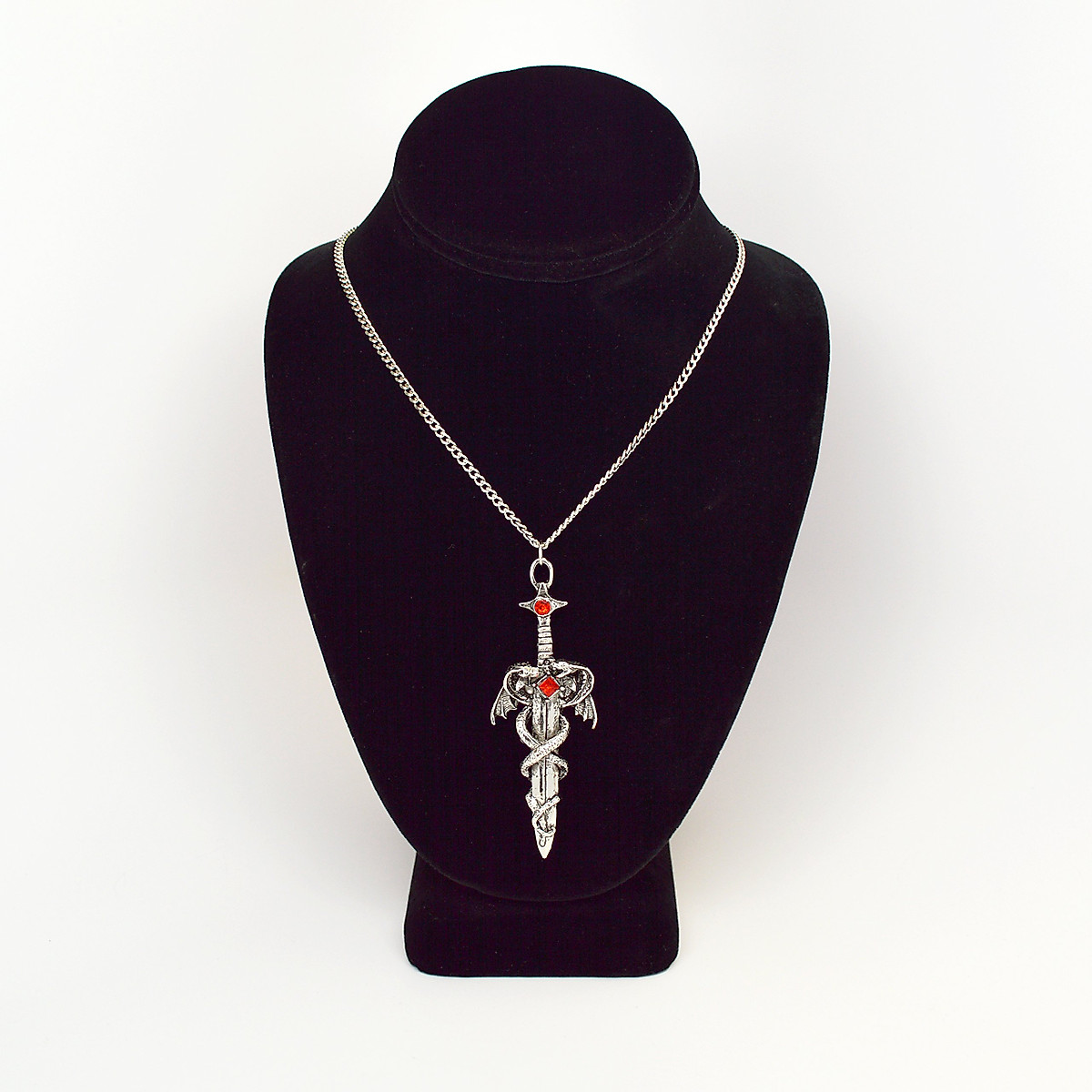 Dragons Wrapped Around Sword Medieval Renaissance Silver Finish Pendant Necklace