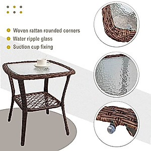 DIMAR GARDEN Outdoor Side Table Wicker Patio Coffee Table with Glass Top and Storage Shelf,Mixed Brown