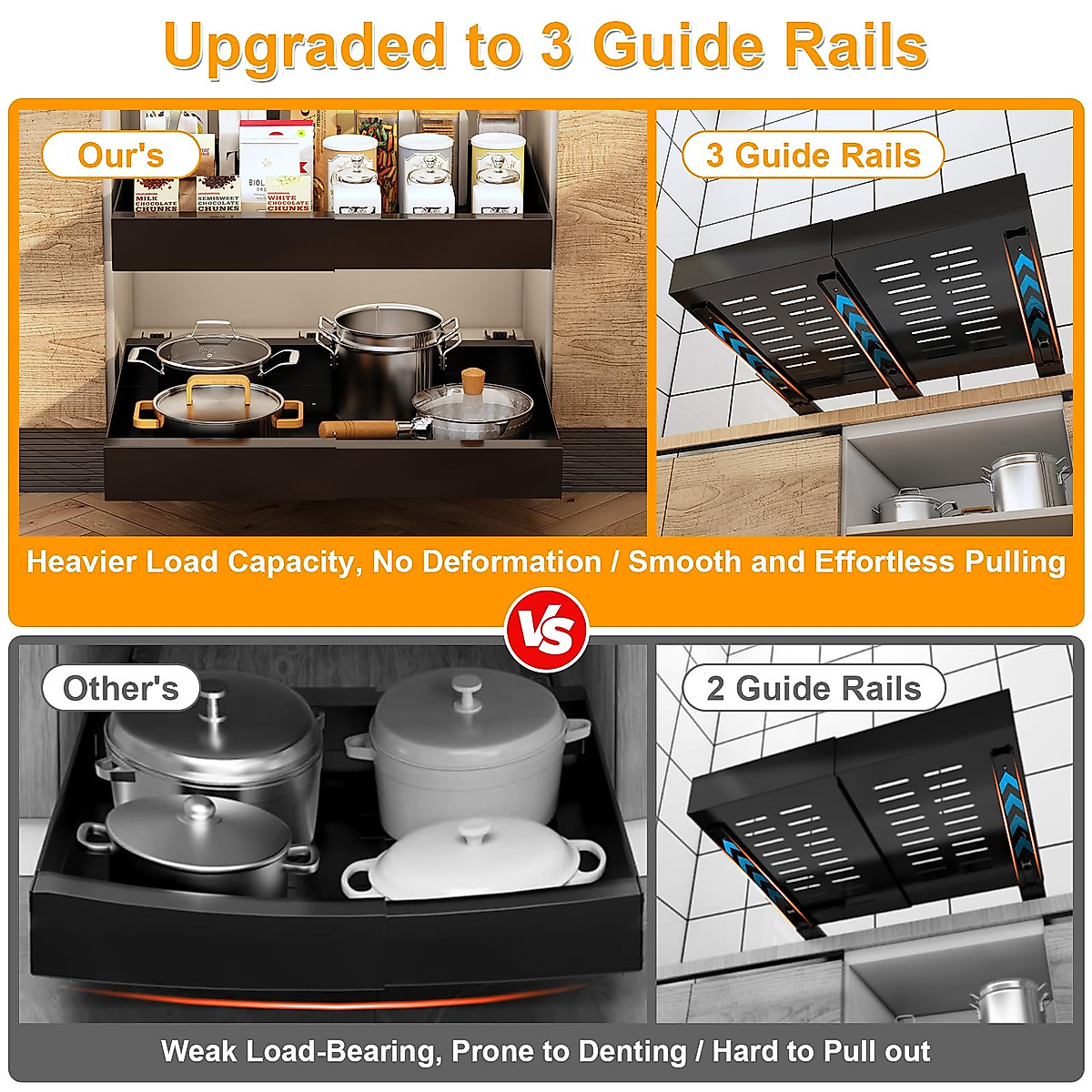 2Pc Pull out Cabinet Organizer,Slide out Drawer with 3 Rails,16"D,Expandable(12.1"-20"W) Peel and Stick Pull out Drawers for Kitchen,No Screw Adjustable Cabinet Drawer,Pantry Roll out Shelves,No Drill