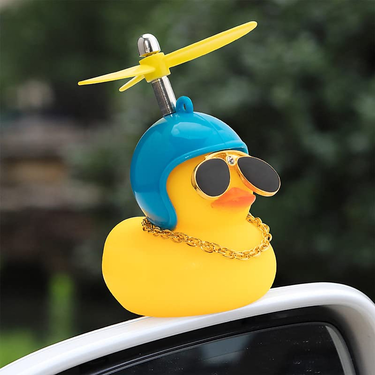 wonuu Rubber Duck Car Ornaments Yellow Duck Car Dashboard Decorations with Propeller Helmet Swim Ring Necklace and Sunglasses, Blue