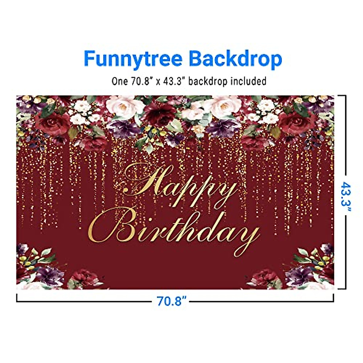 Funnytree 7x5ft Happy Birthday Party Backdrop Burgundy Red Flowers Golden Glitter Floral Photography Background Women Lady Girl Cake Table Decorations 16th 30th 40th 50th 60th Banner Photo Booth