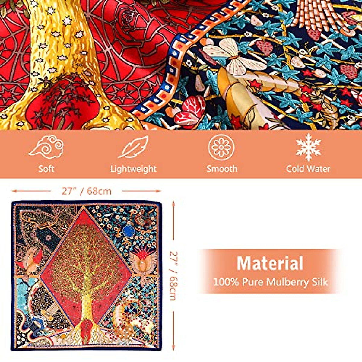 100% Silk Head Scarf for Women - 27" Hair Scarves Satin Head Scarf Bandanas Square Silk Hair Night Sleeping with Gift Packed