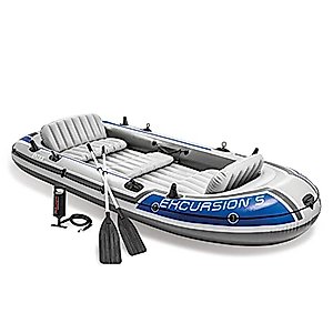 INTEX 68325EP Excursion 5 Inflatable Boat Set: Includes Deluxe 54in Aluminum Oars and High-Output Pump – Adjustable Seats with Backrest – Fishing Rod Holders – 5-Person – 1320lb Weight Capacity
