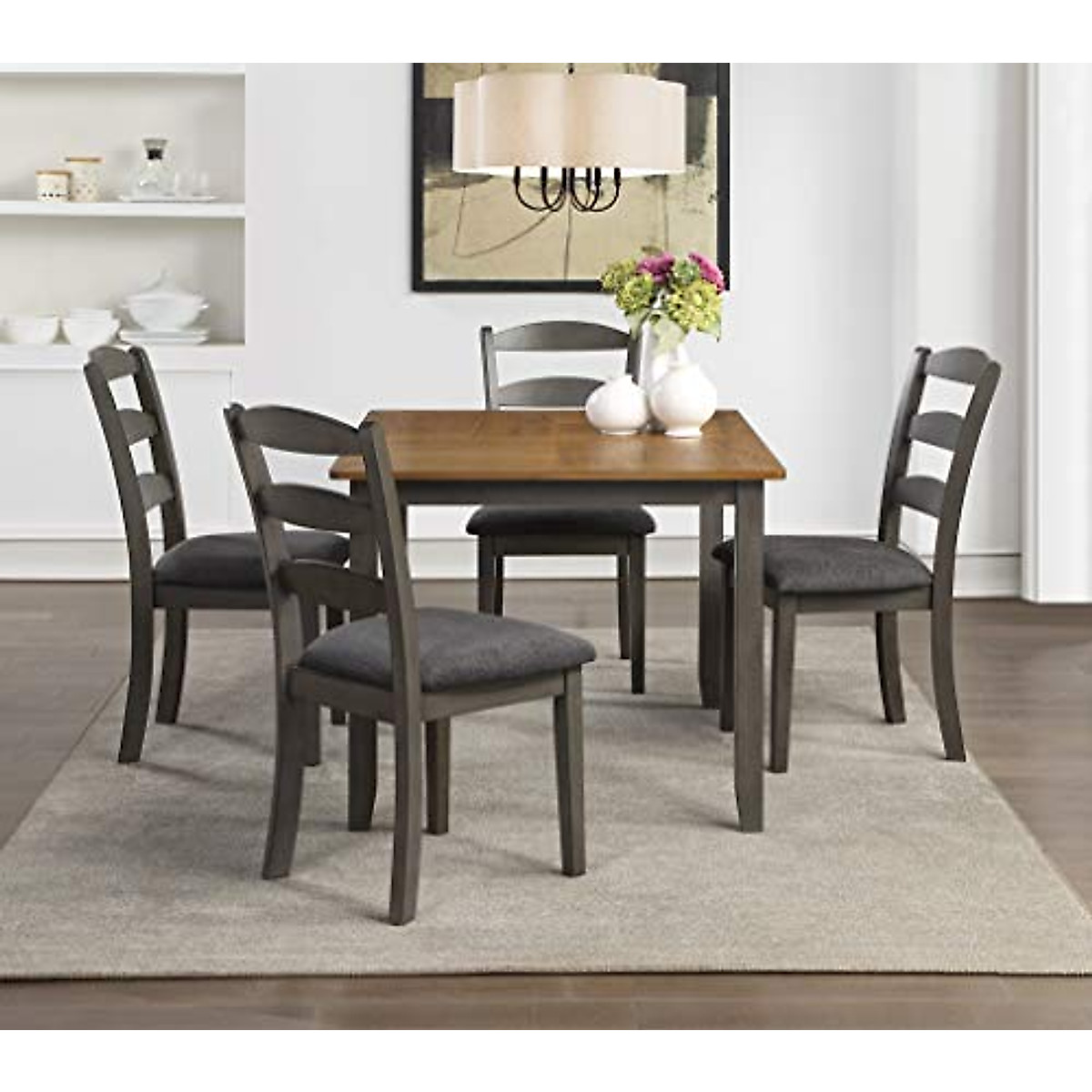 OSP Home Furnishings West Lake Dining Table Set, 5-Piece, Antique Finish Natural Top and Grey Base with Charcoal Fabric