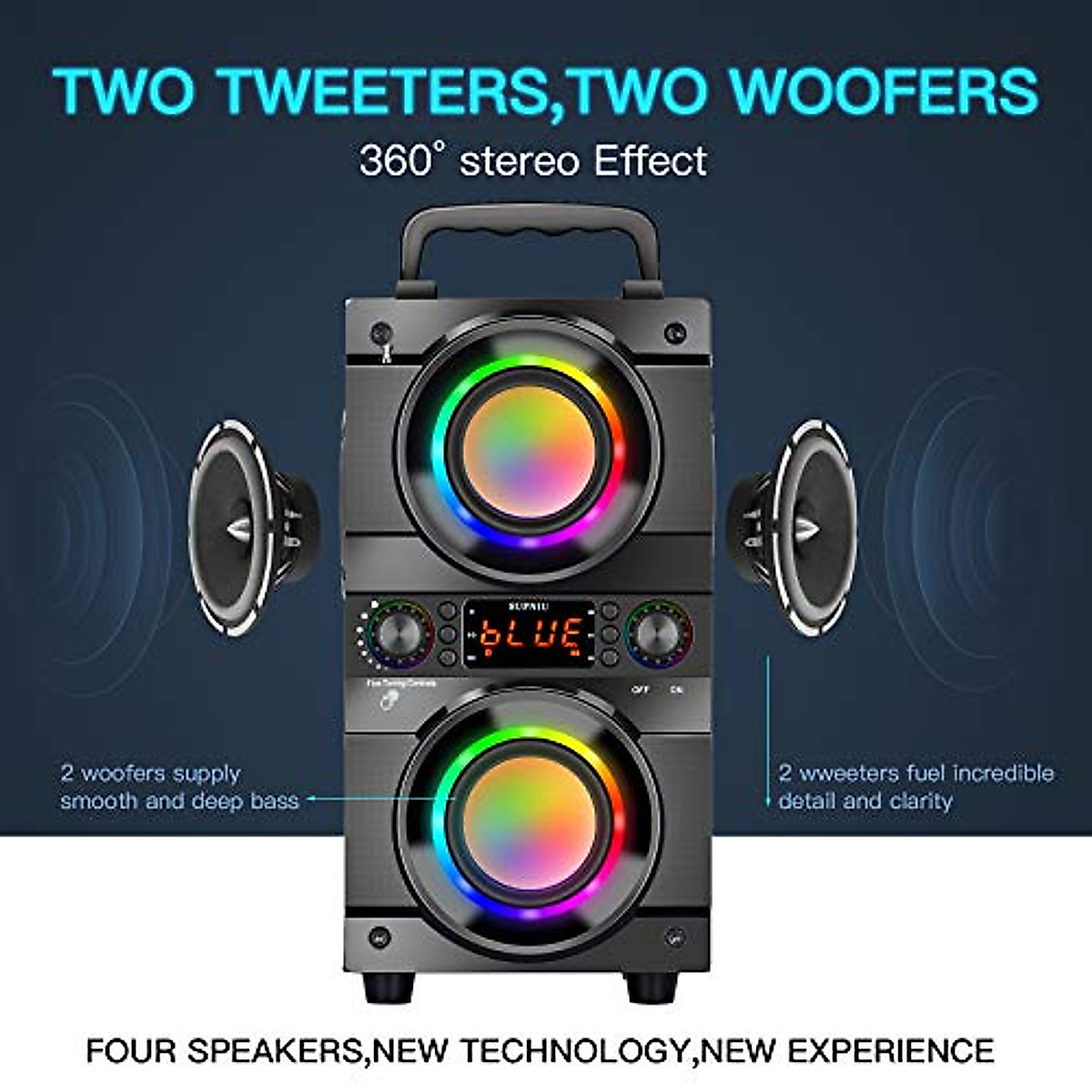 Bluetooth Speaker, 60W (80W Peak) Portable Wireless Speaker with LED Colorful Lights, Double Subwoofer Heavy Bass, FM Radio, Loud Speaker for Home Outdoor Party Camping