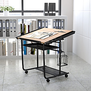 BizChair Adjustable Drawing and Drafting Table with Dual Wheel Casters