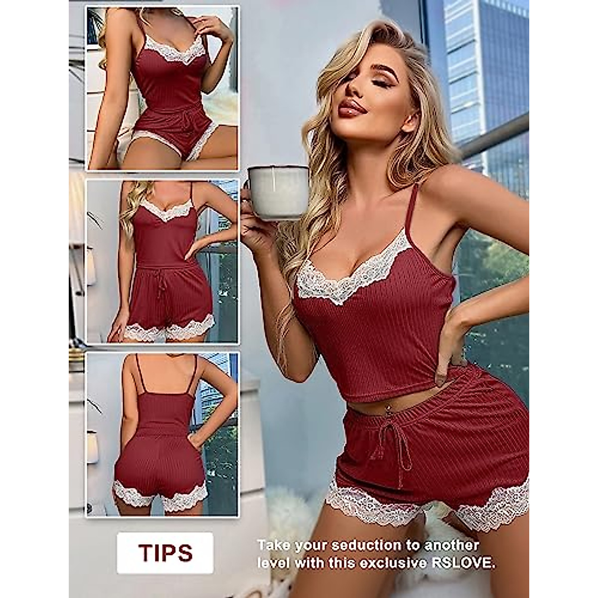 RSLOVE Women's Sexy Pajamas Sets Lace Trim Cami Shorts Sets PJ Set Lounge Set Sleepwear Wine Red Small