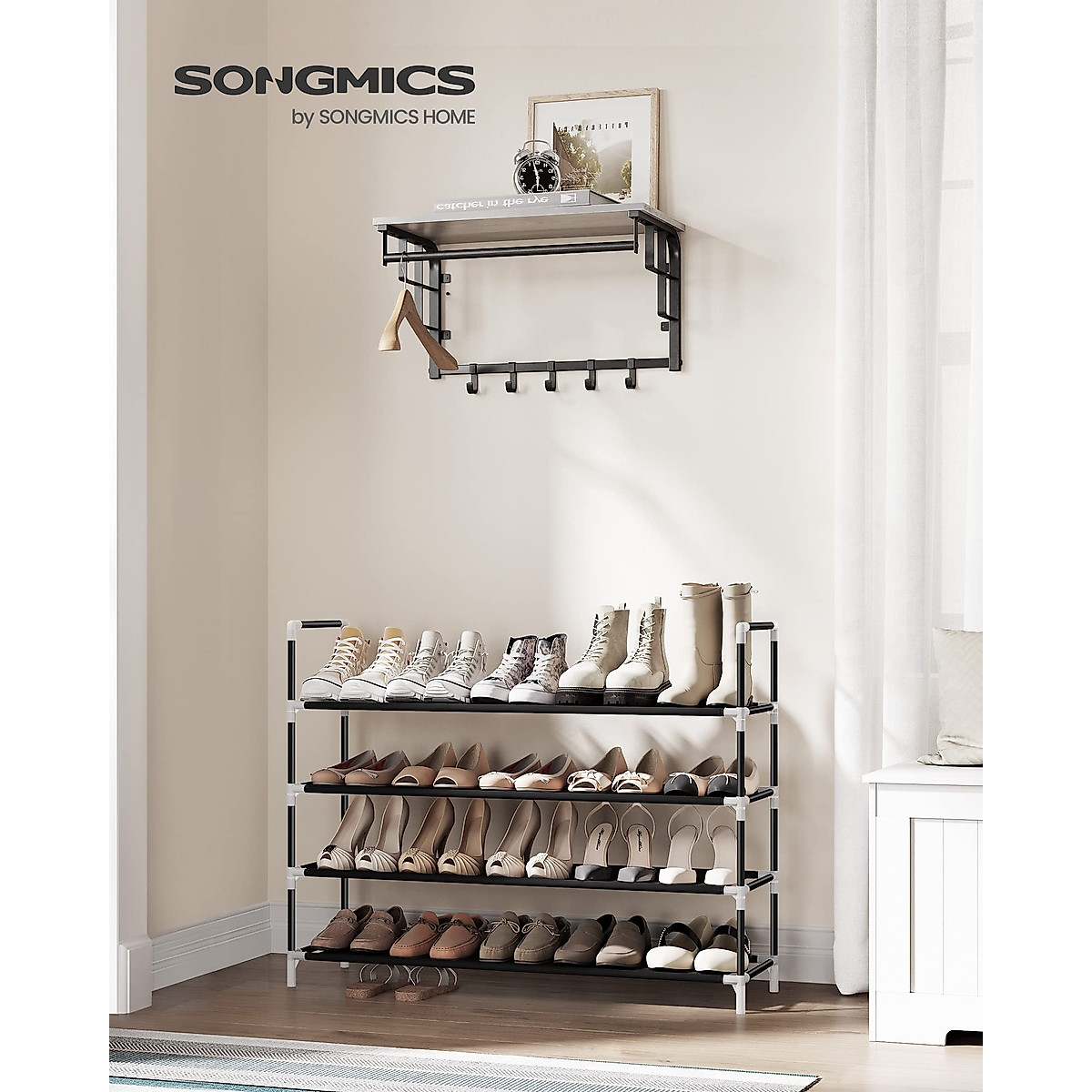 SONGMICS 4-Tier Shoe Rack with Shelves for Closet Entryway, Black ULSH054B01