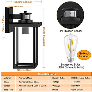 Motion Sensor Outdoor Wall Lights, Dusk to Dawn Exterior Light Fixtures Wall Mount, Front Porch Light with Matte Black Finish, Anti Rust Wall Lamp Wall Lantern, Wall Sconce Lighting for Garage, House